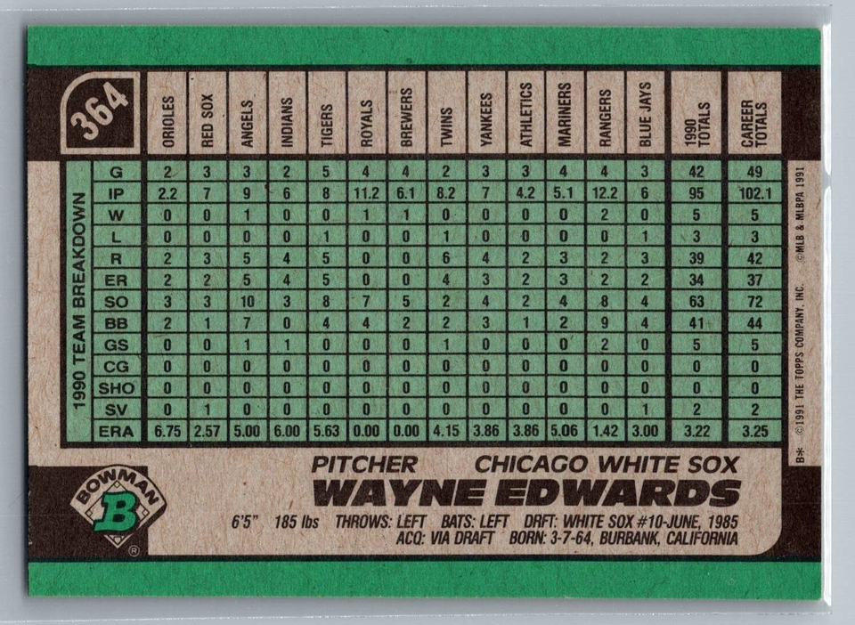 1991 TOPPS BOWMAN CARD # 364 Wayne Edwards - Chicago White Sox | eBay
