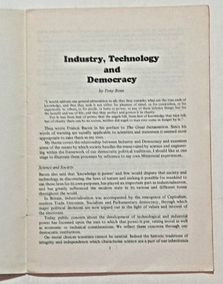 Tony Benn Industry Technology and Democracy 1978 IWC pamphlet | eBay UK