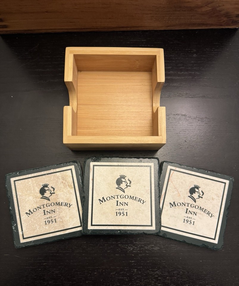 Montgomery Inn BBQ Cincinnati Stone Coasters Set Of 3 In Bamboo Holder ...