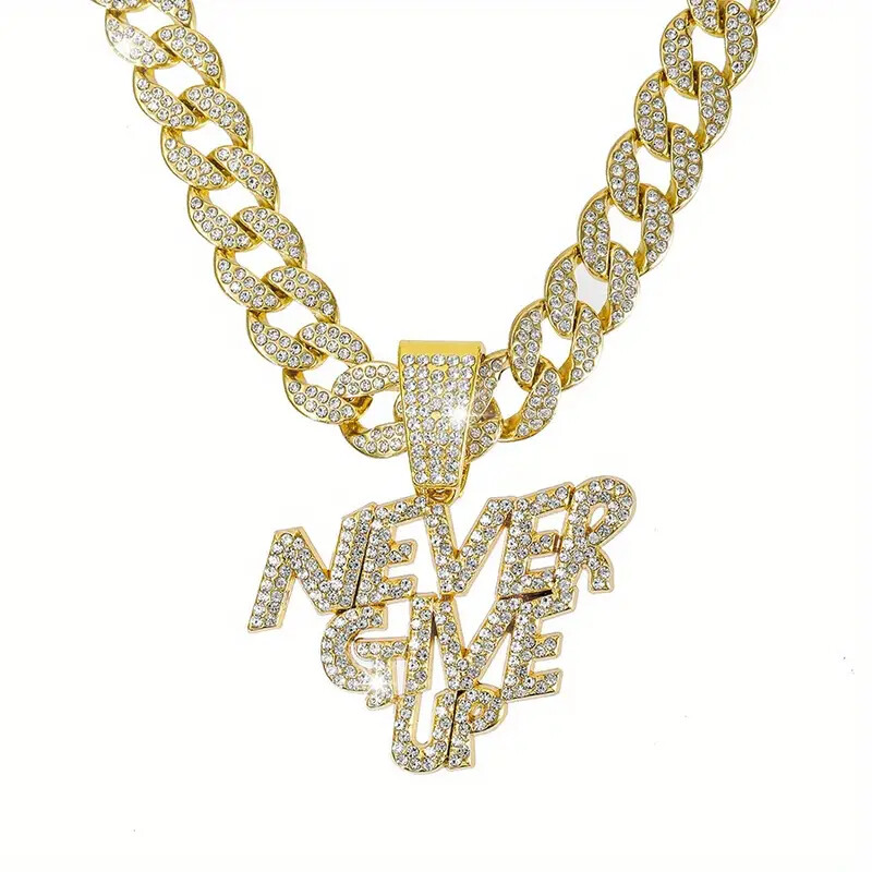 NEVER GIVE UP Pendant & 15mm 16" ~ 30" Iced Cubic Zirconia Cuban Chain ...