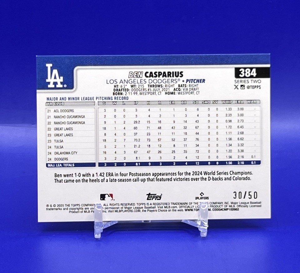 2025 Topps Series 2 Ben Casparius Rookie RC Gold SP #384 /50 Dodgers ...