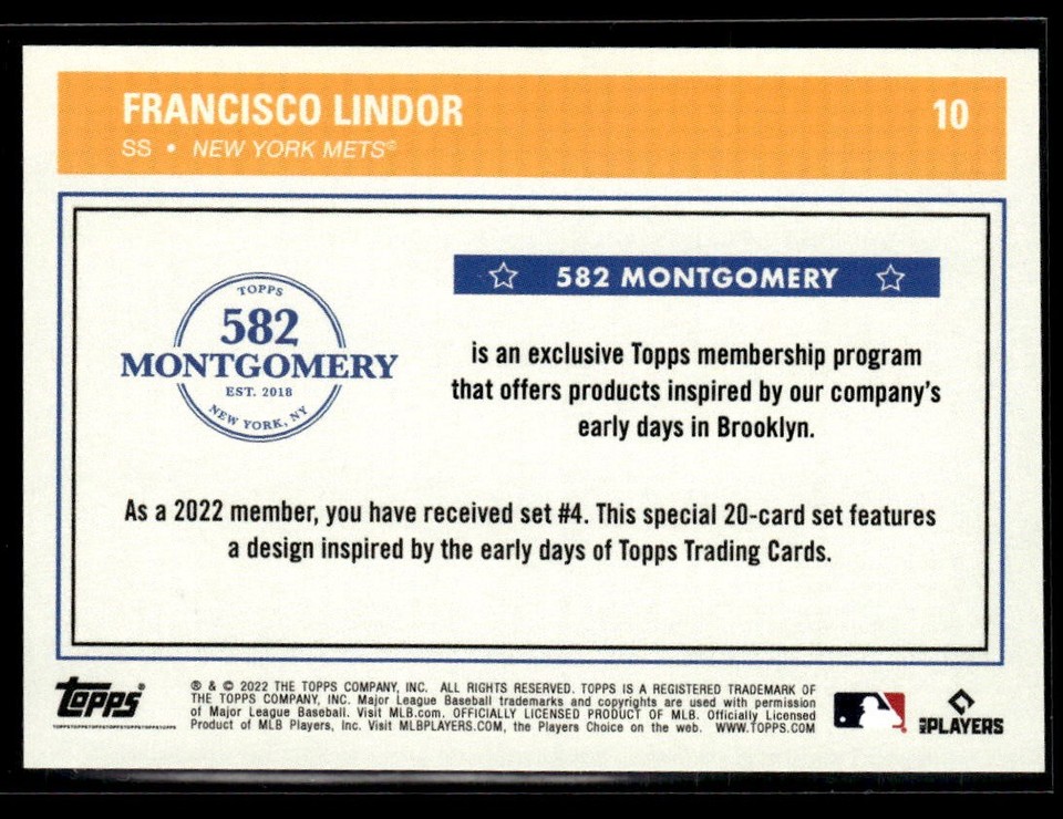 2022 Topps 582 Montgomery Club Set 4 #10 Francisco Lindor Baseball Card ...