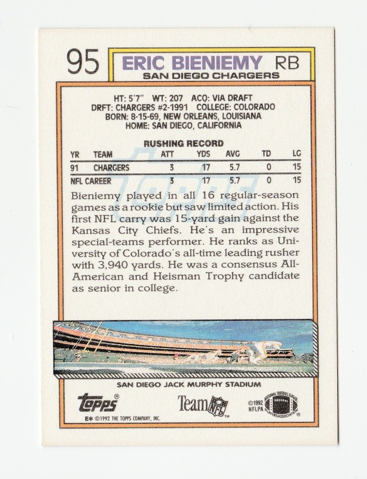 ERIC BIENIEMY 1992 Topps Football Card #95 SAN DIEGO CHARGERS | eBay