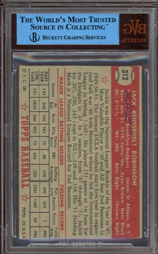 1952 Topps Jackie Robinson #312 Card HOF - Certified BVG Authentic ...
