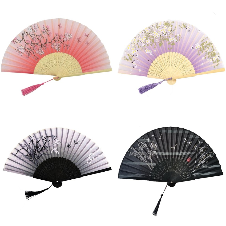 4 Pieces Handheld Bamboo Fans Silk Folding Fans with Bamboo Frames for ...