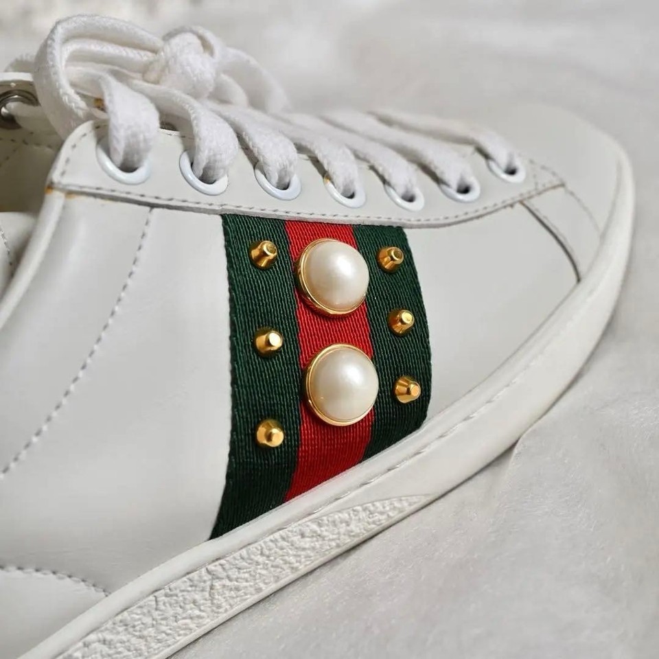 Auth GUCCI Low cut Lace Up Sneakers Pearl Logo UK1 EU34 US4 White ...