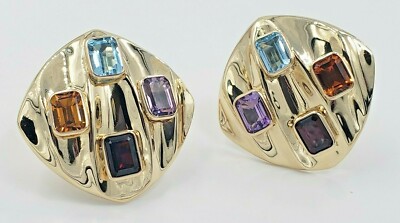 14KT Yellow Gold* Multi-color Gemstones Round Corner Square Omega Clip ...