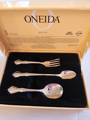 Oneida Chateau 3 Piece Baby Stainless Hi-Luster Flatware Gift Boxed Set ...