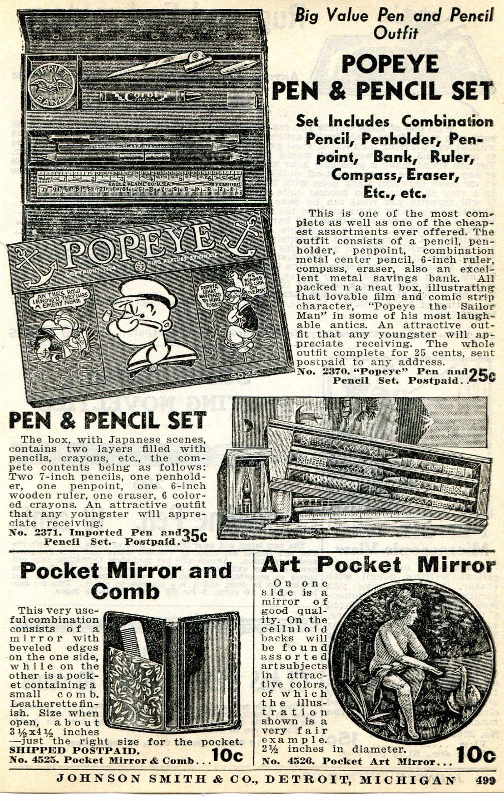 1934 small Print Ad of Popeye Pen & Pencil Set & Art Pocket Mirror ...