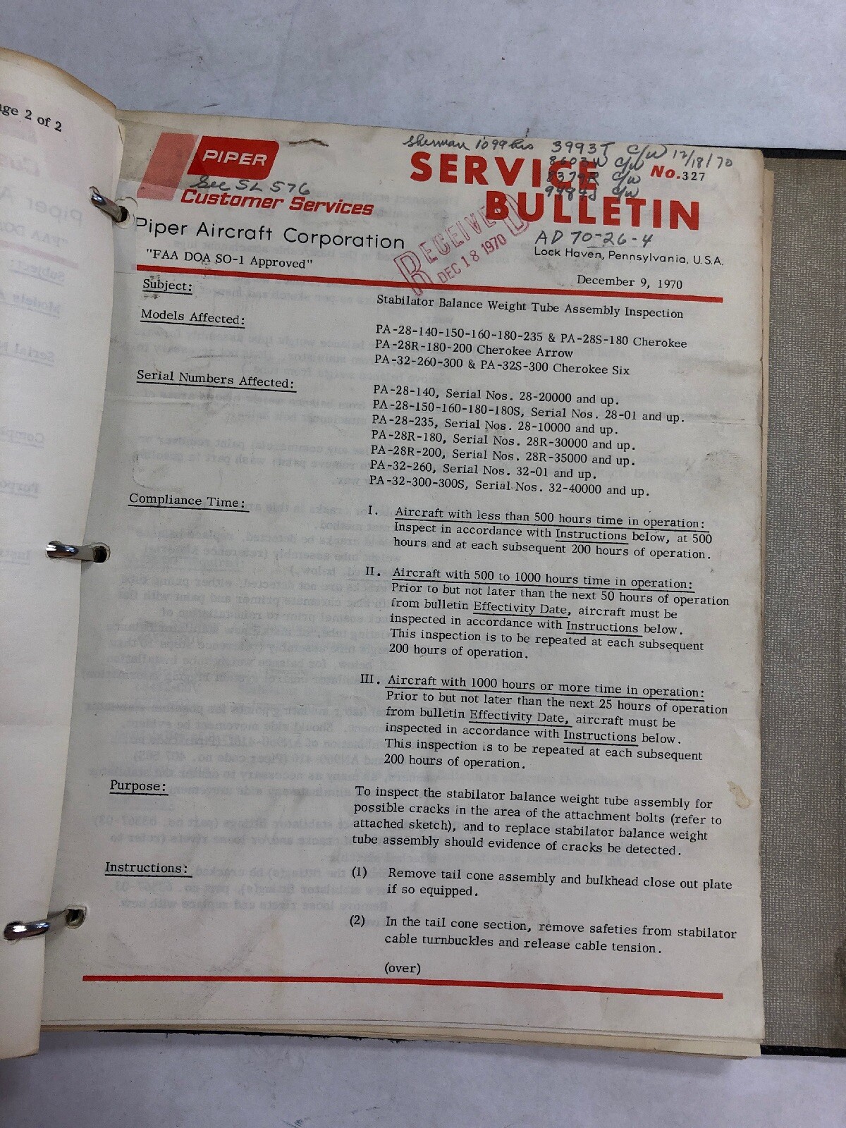 Piper Aircraft Corp. Service Bulletins & Service Letters- Originals ...