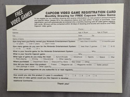 Capcom Nintendo NES CAP-NES-US-1 Registration Card Only Mega Man Reg ...