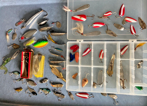 LOT 56 FISHING LURES SPOONS MIXED +TACKLE BOX JOHNSON WEEDLESS MINNOWS ...
