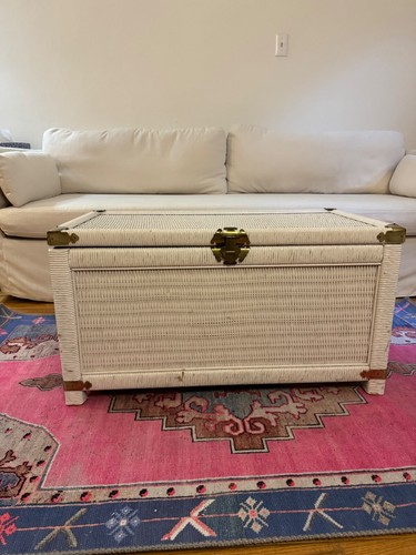 Vintage White Wicker Storage Chest With Brass Closure And Corner ...