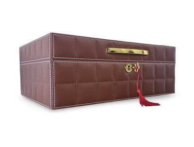 Stunning Camel Leather White Baseball Stitch Glass Top Cigar Box ...