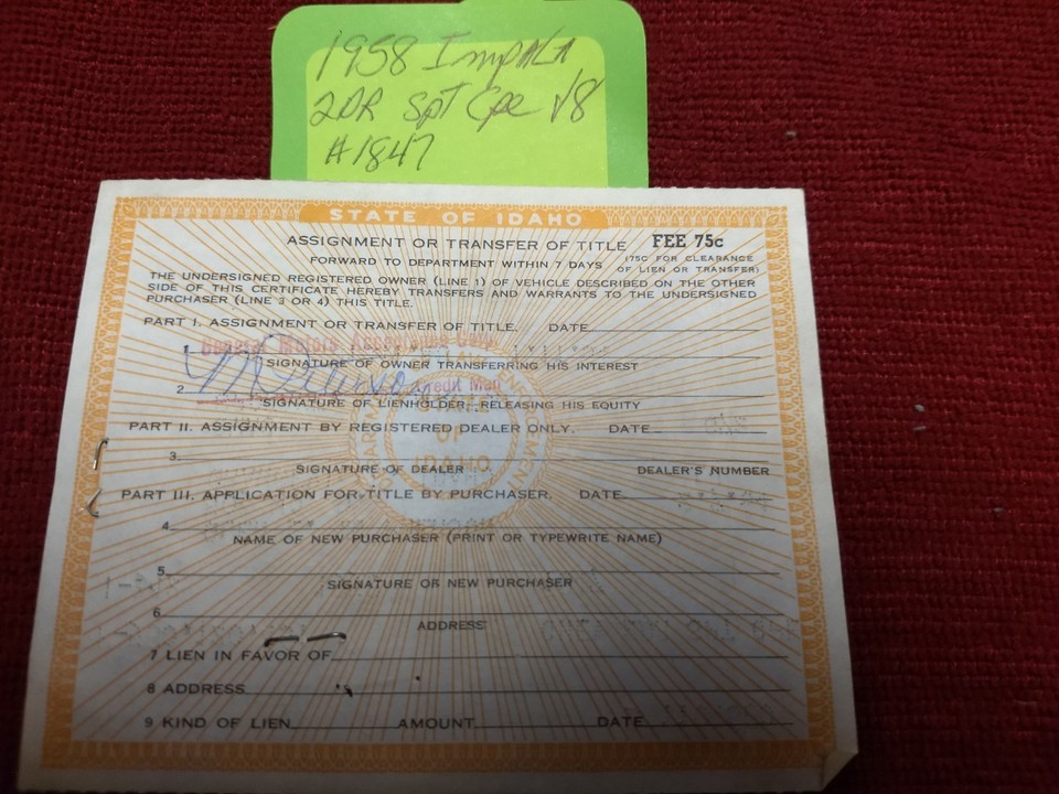 Vintage Historical Idaho Title Document 1958 Chevrolet Impala 2Dr Spt Cpe V8 | eBay