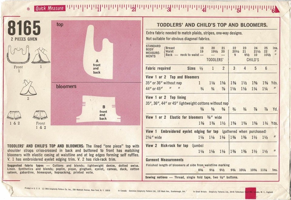 Girls Sleeveless TOP and BLOOMERS Child Simplicity 8165 Vtg 1969 Sewing ...