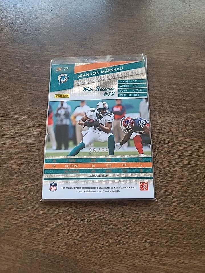 2011 Panini Threads Brandon Marshall 3 Color Jersey Patch. #77. #26/99 ...