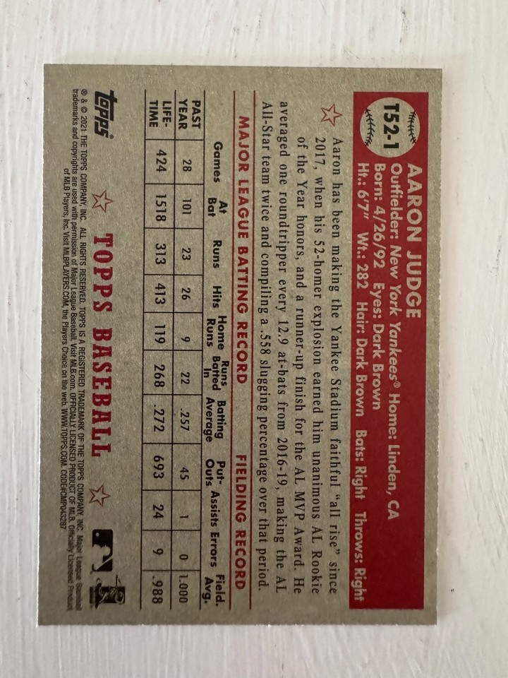 2021 Topps Baseball '52 Topps Redux Insert | AARON JUDGE | card #T52-1 ...