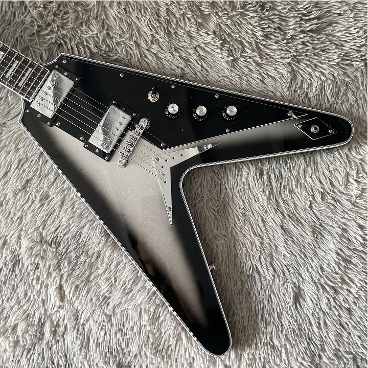 Flying V Electric Guitar Silver Burst Bone Nut Strings Thru Body Free ...