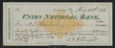 BANK CHECK RN-G3 Lewisburg, Pennsylvania. Union National Bank | eBay