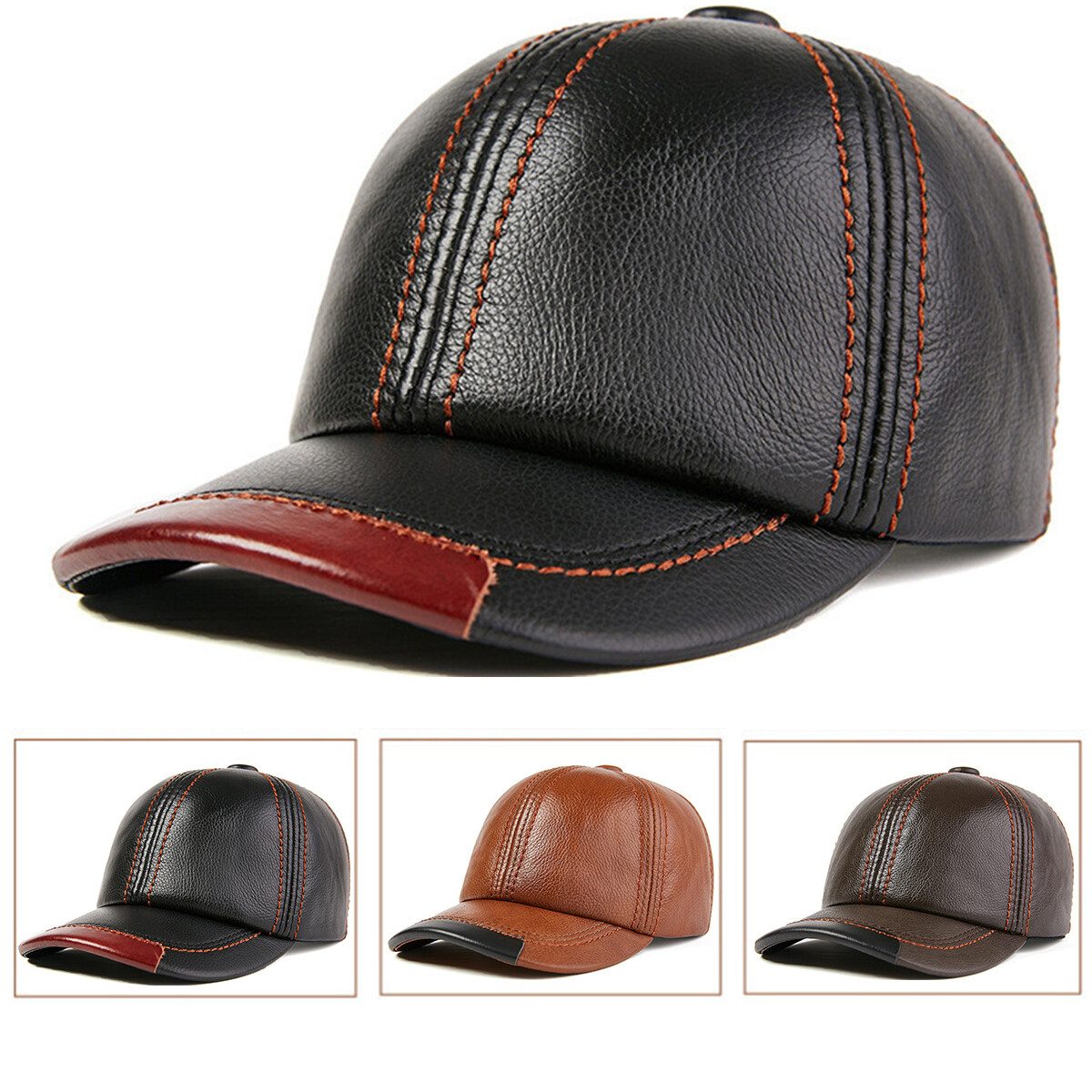 Men Leather Hat Cowhide Baseball Cap Golf Hat Winter Warmer Dad Hats ...