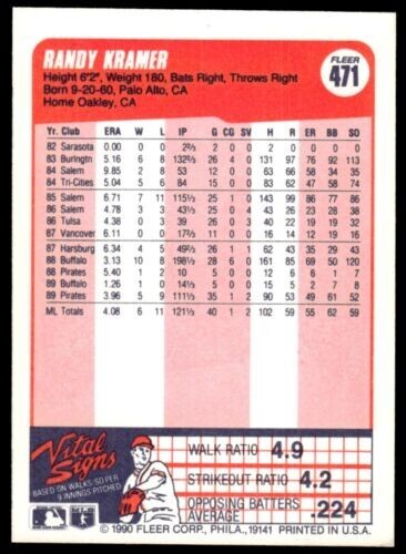1990 Fleer Baseball Card Randy Kramer Pittsburgh Pirates #471 | eBay