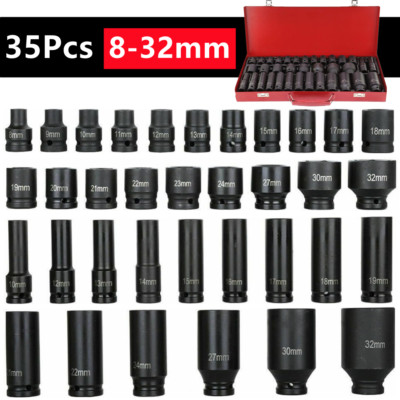 35PCS 6 Point Wall Deep Impact Socket Set 1/2"drive 35 Metric Sockets 8 ...