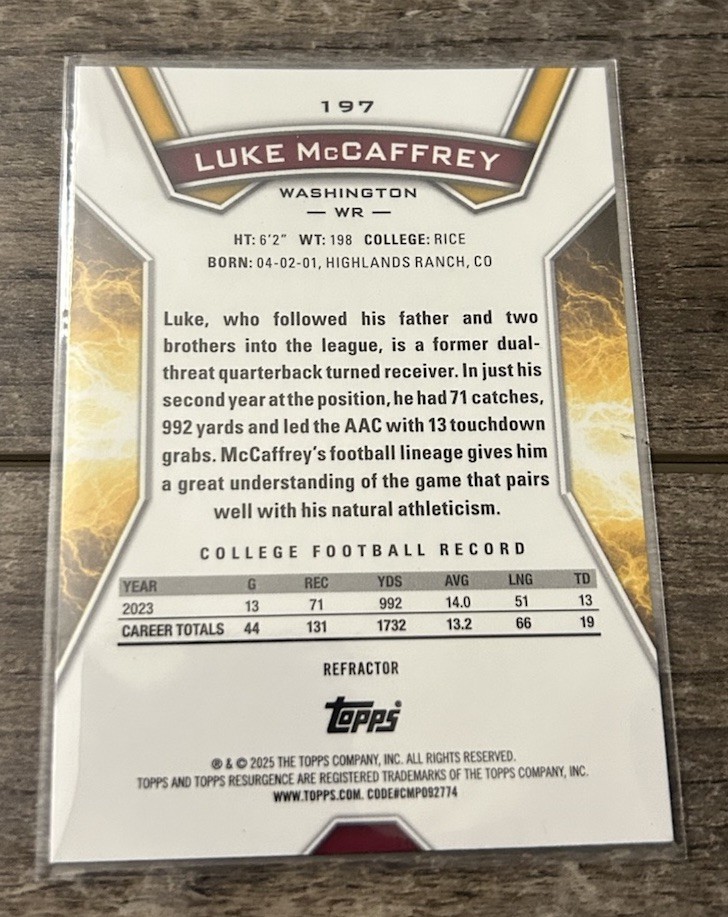 2025 Topps Resurgence Chrome NFL Luke McCaffrey Rookie RC Refractor ...