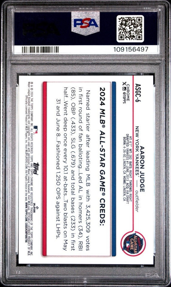 🐐 2024 TOPPS CHROME UPDATE AARON JUDGE ASG BLACK REFRACTOR/10 POP 1 PSA ...