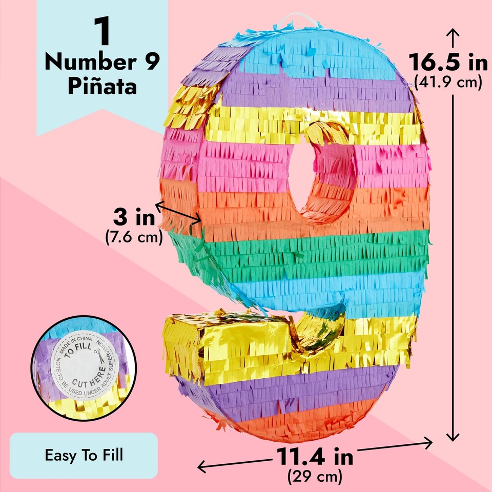 Small Rainbow Number 9 Pinata for 9th Birthday Party Supplies, 11 x 16. ...
