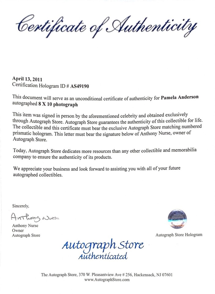 Pamela Anderson Baywatch genuine autograph signed 8"x10" COA model ...