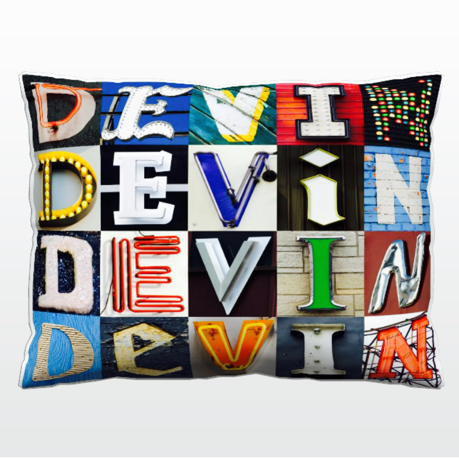 Personalized Pillow featuring the name DEVIN in photos of actual sign ...
