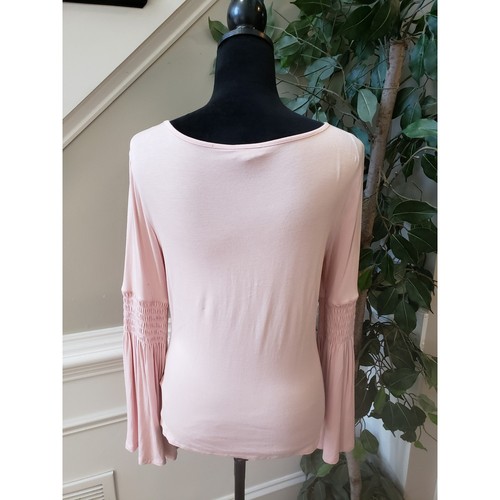 Bebe Blouse Top Women's Medium Pink Stretch Rhinestone Bell Sleeve Deep ...