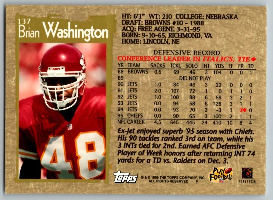 1996 TOPPS BRIAN WASHINGTON KANSAS CITY CHIEFS #137 | eBay