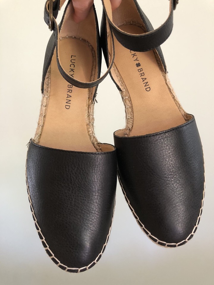 New Lucky Brand Reniya Leather Espadrille Black Sandals Flat Women's ...