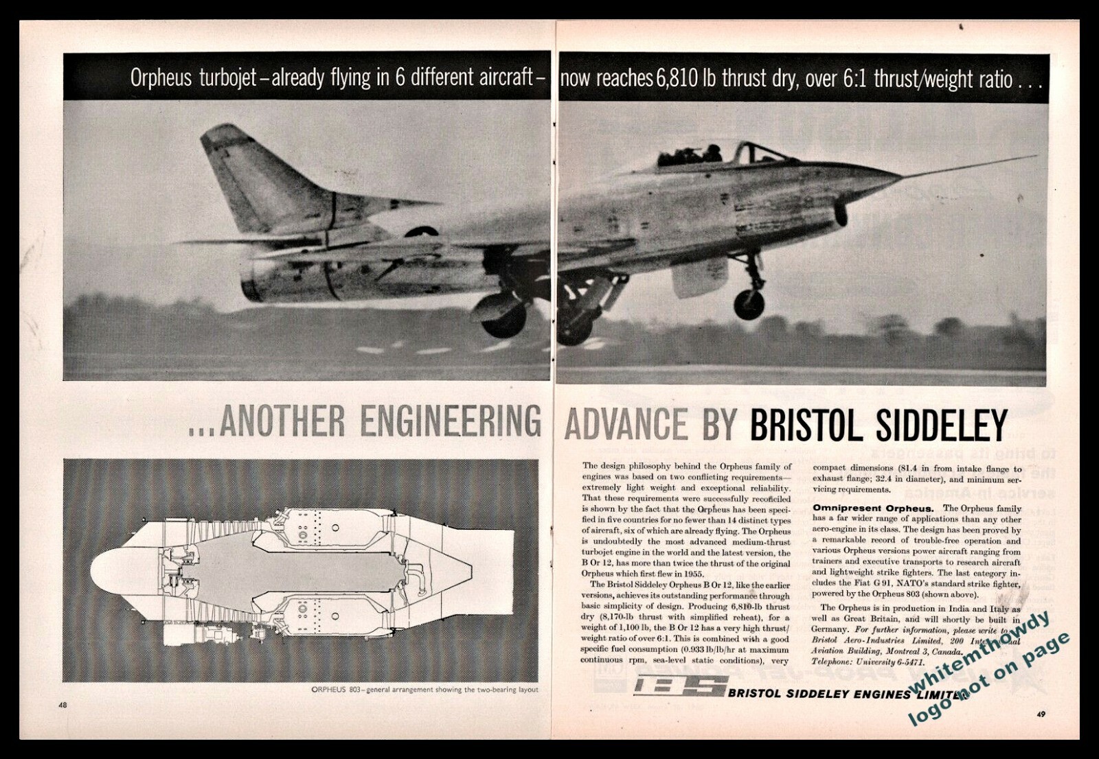 1960 FIAT G91 NATO Strike Fighter Bristol-Siddeley Orpheus Aircraft ...
