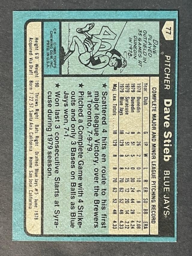 1980 Topps DAVE STEIB # 77 - ROOKIE CARD - SET BREAK - MT | eBay