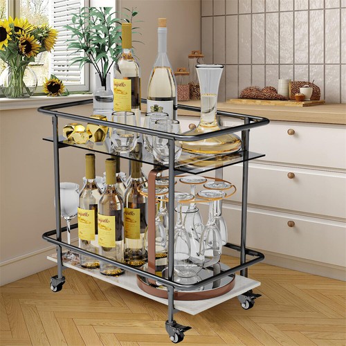 Portable Grey Glass Drinks Trolley Kitchen Serving Cart Mini Bar ...