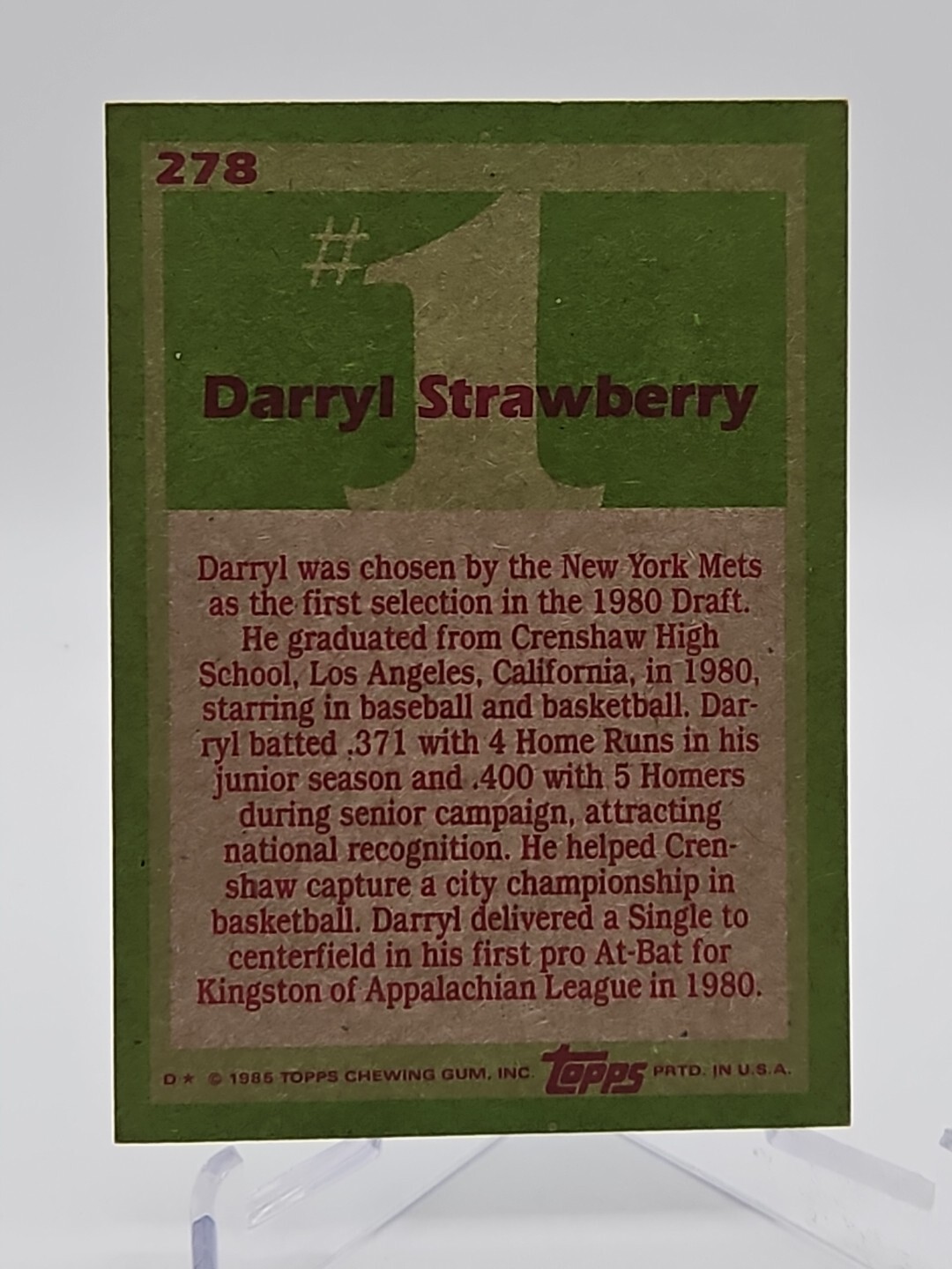 1985 Topps Baseball #278 Darryl Strawberry #1 Draft Pick Card New York ...