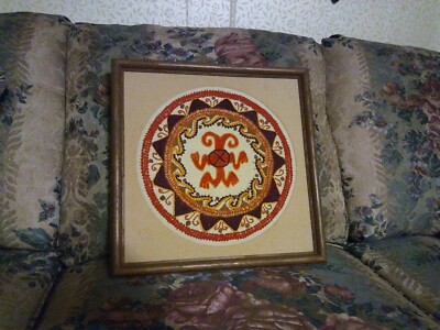 VINTAGE COMPLETED AZTEC ? FINISHED NEEDLEPOINT WOOD FRAMED TAPESTRY | eBay