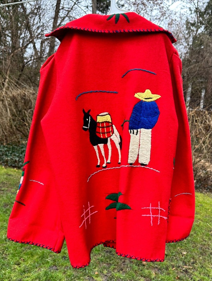 Vintage Mexican Embroidered Souvenir Open Blazer Jacket 1950s Red Wool ...