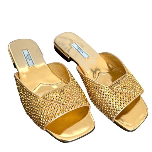 Prada Satin Crystal Embellished Gold Slide Sandals 36, 1XX642 NEW | eBay