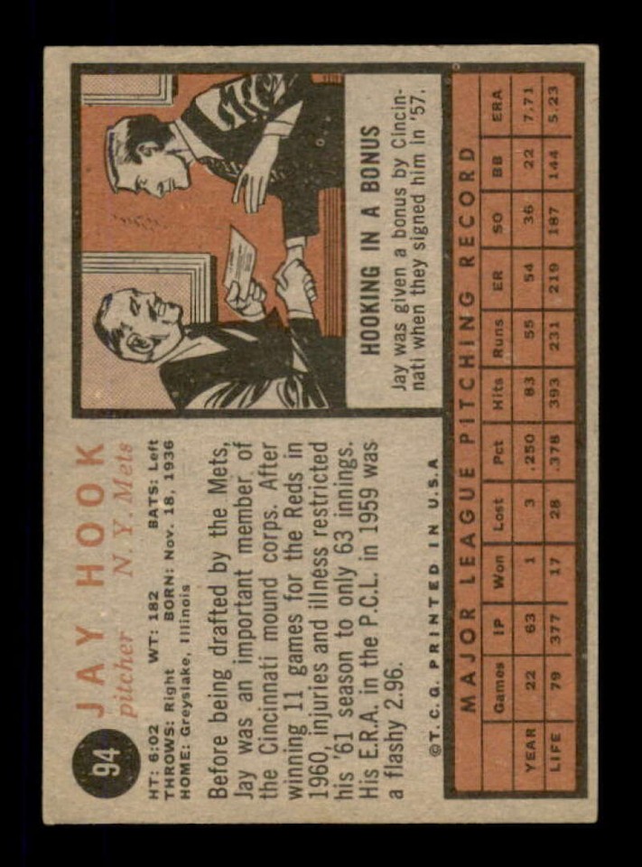 1962 Topps #94 Jay Hook VGEX Mets 565721 | eBay
