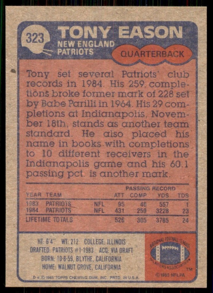 1985 Topps #323 Tony Eason RC Rookie New England Patriots | eBay