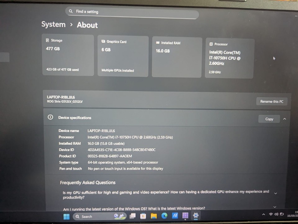 ASUS ROG Strix G15 G512LV Core I7-10750H, 16GB RAM, RTX 2060, 512gb Ssd ...