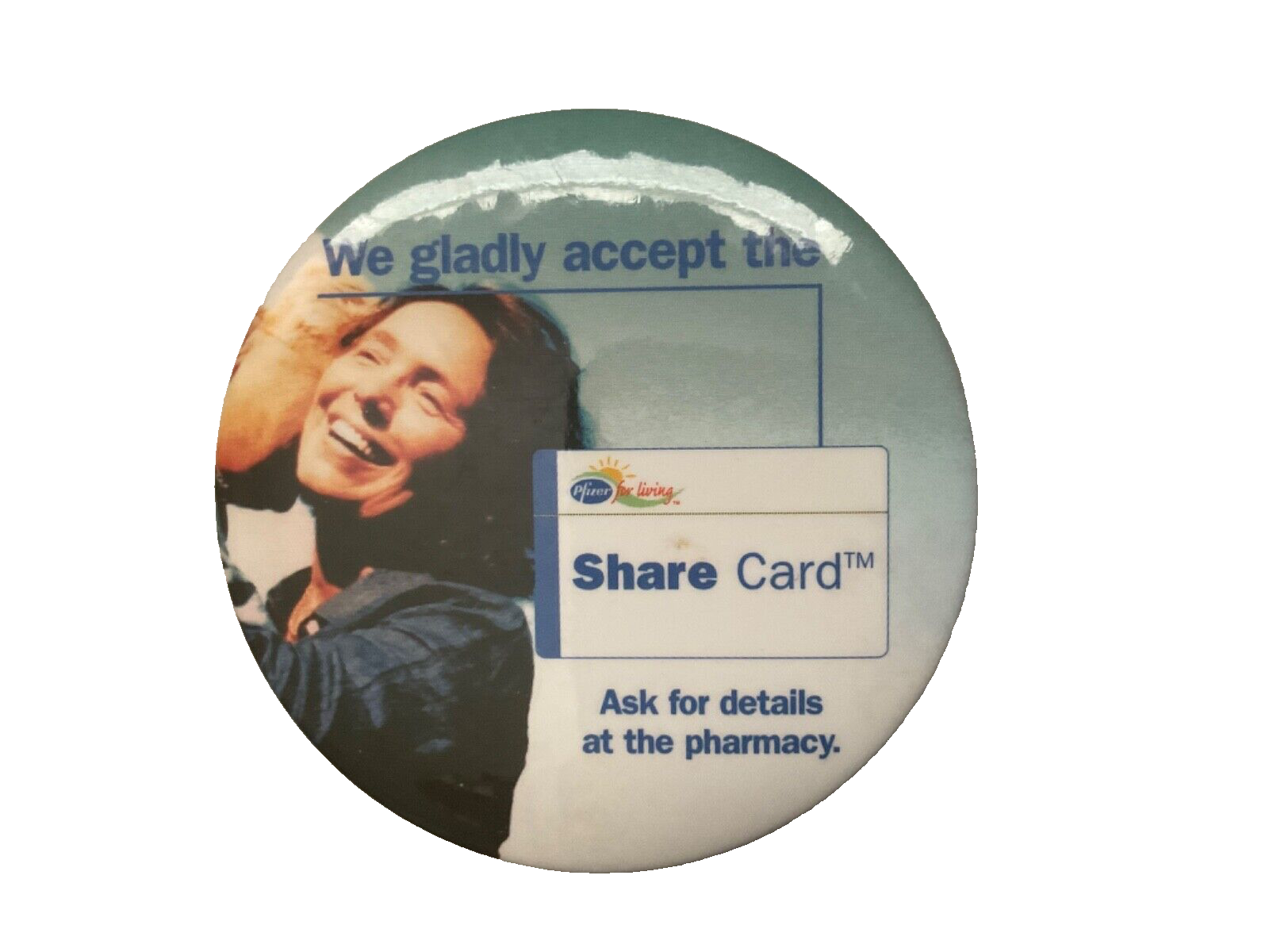 WE GLADLY ACCEPT SHARE CARD 3 INCH METAL PIN-BACK COLLECTIBLE | eBay