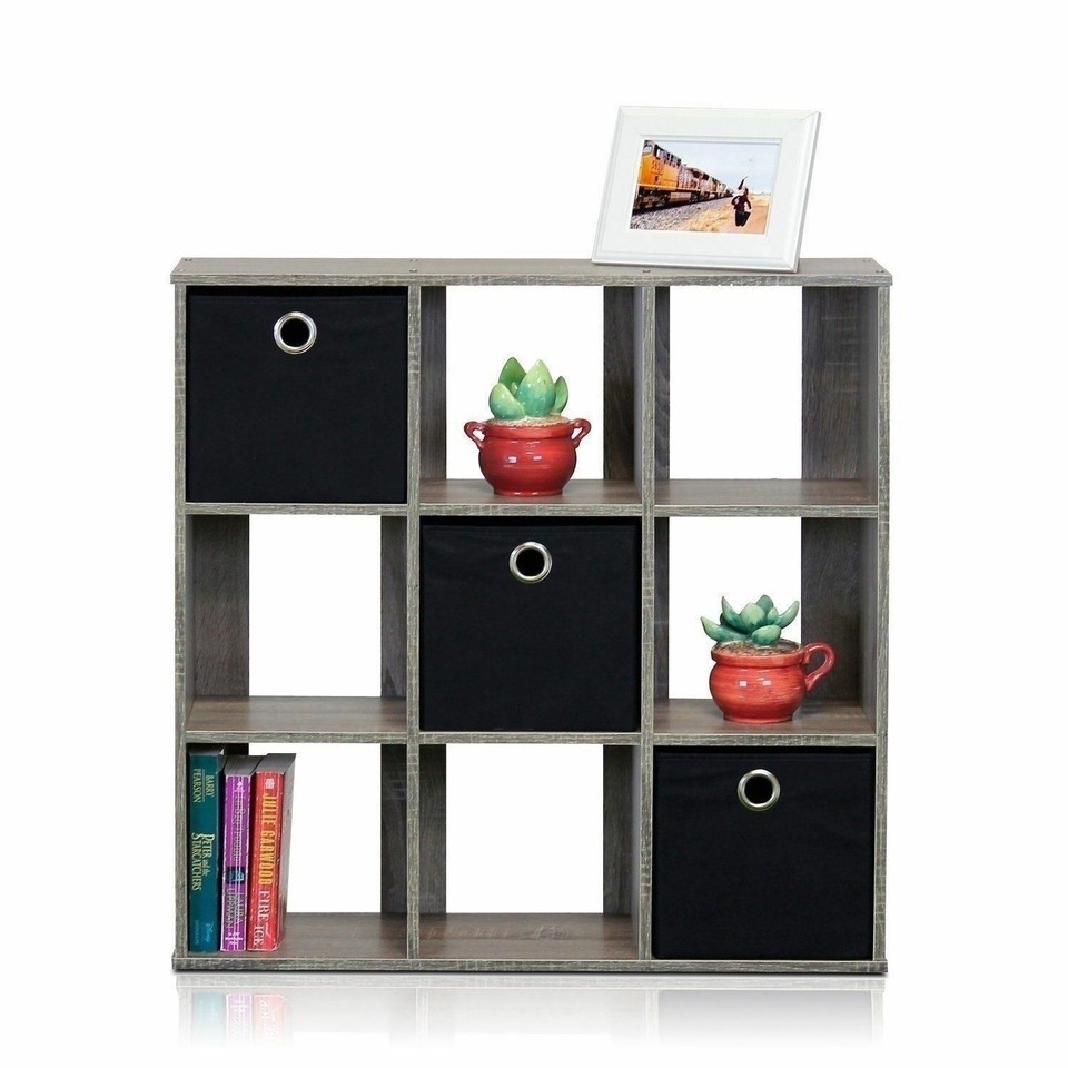 Gray 9 Cube Bookcase Storage Organizer Wooden Office Bookshelf WITH 3 ...