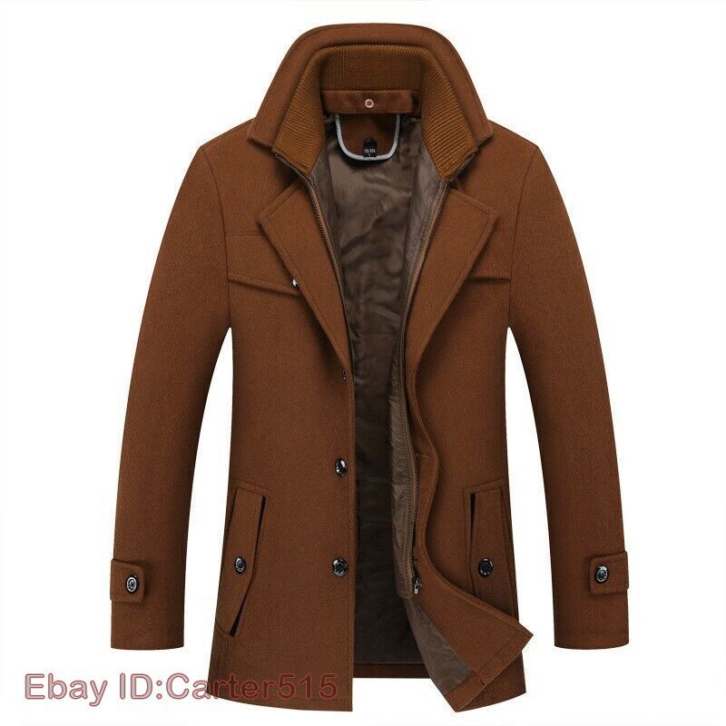 Mens Coat Woolen Blend Stand Collar Single Breasted Peacoat Outwear ...