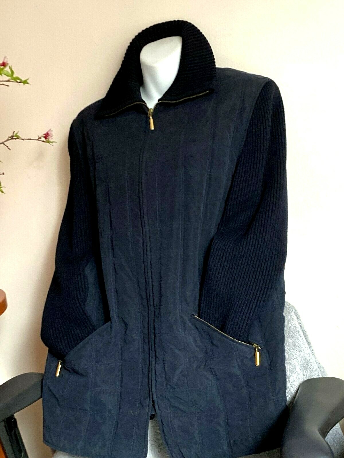 BASLER Black Quilted Jacket Coat Wool Knit Sleeves Zippers Women's sz ...