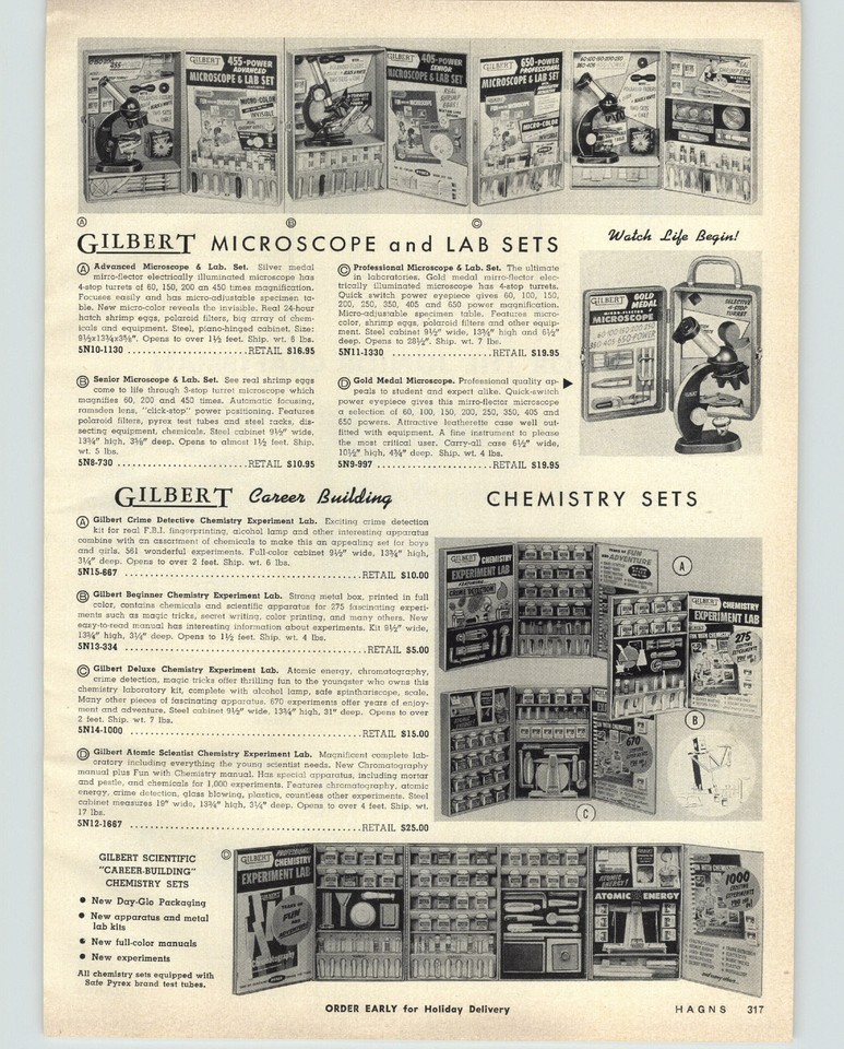 1958 PAPER AD Gilbert Lab Sets Tools Sets Chest Disney Character ...
